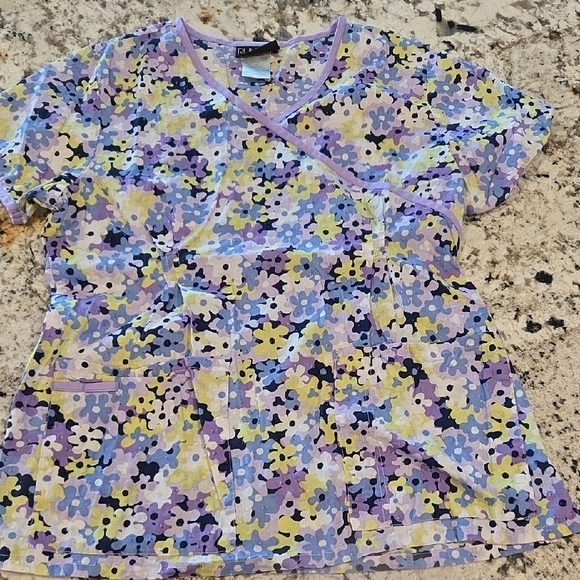 Cherokee | Tops | Cherokee Floral Scrub Top In Purple And Yellow | Poshmark